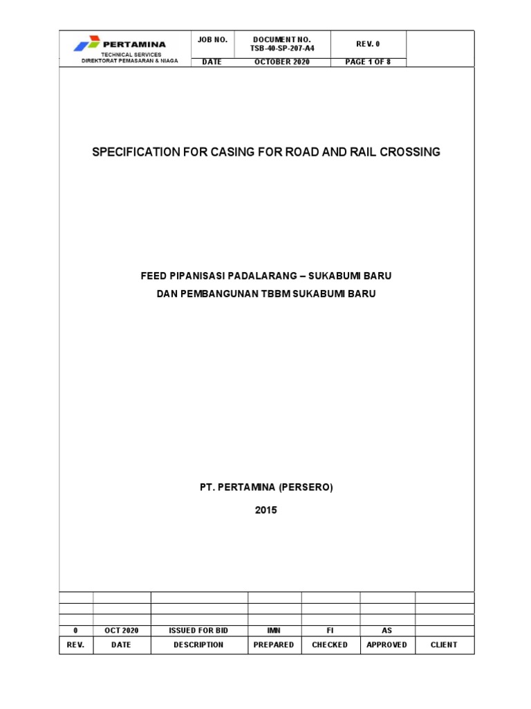 Specification Casing Road & Rail Crossing | PDF | Pipe (Fluid ...