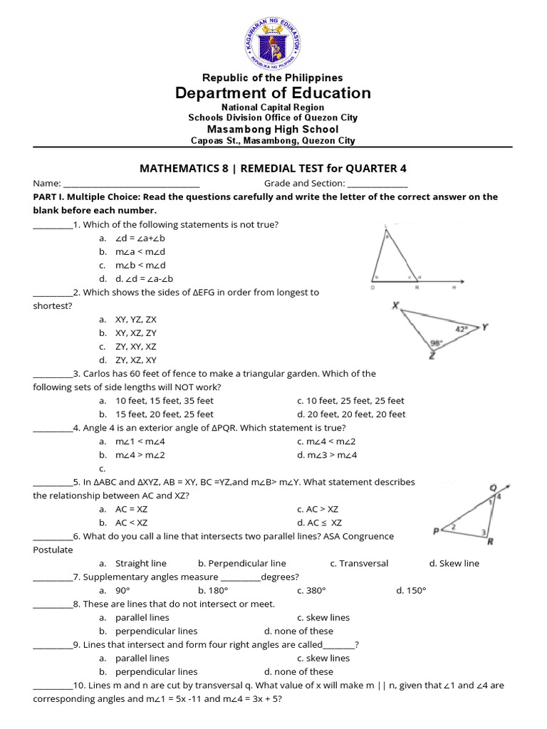 Remedial Math Test for Q4 | PDF | Odds | Probability