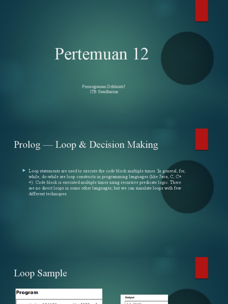 Prolog Programming: Loops & Lists | PDF | Control Flow | Computer Science