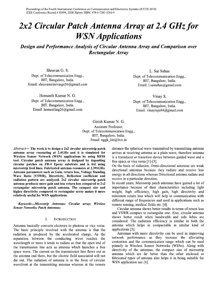 2x2 Circular Patch Antenna Array at 2.4 GHZ | PDF