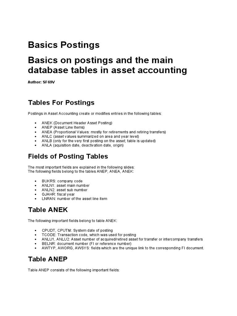 Basics On Postings and The Main Database Tables in Asset Accounting ...