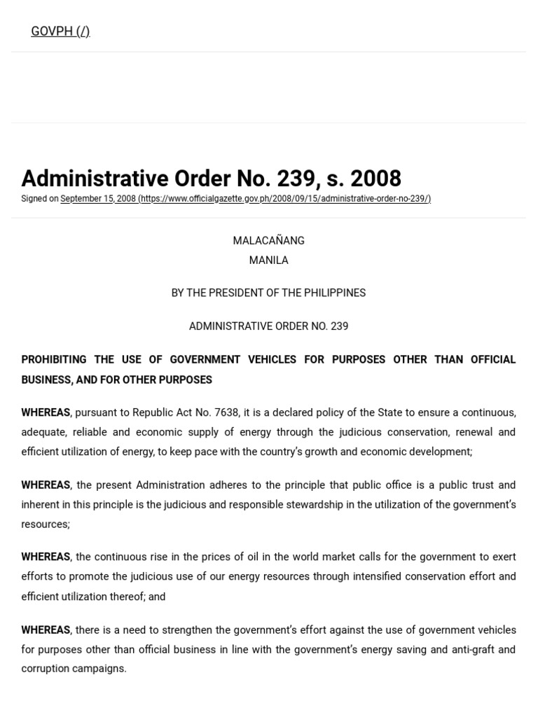 AO 239: Use of Government Vehicles | PDF | Public Law | Justice