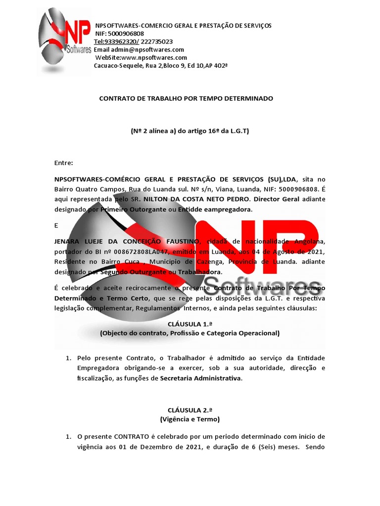 Contrato de Trabalho Por Tempo Determinado-1.Docxjenara | PDF | Férias trabalhistas | Direito ...