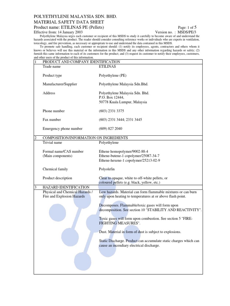 Etilinas Material Safety Data Sheet PDF | PDF | Incineration | Waste ...