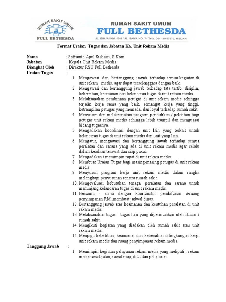 Format Uraian Tugas Dan Jabatan Ka Unit Rekam Medis | PDF