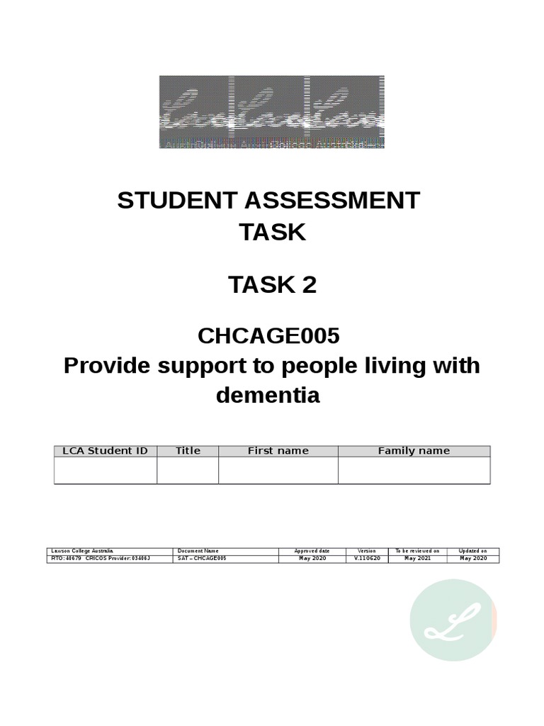 Student Assessment Task Task 2: CHCAGE005 Provide Support To People Living With Dementia | PDF ...
