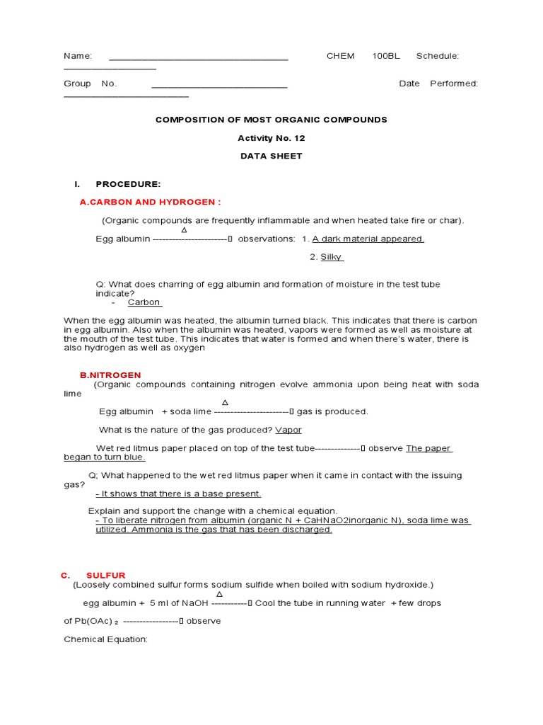 Composition of Most Organic Compounds Activity No. 12 Data Sheet I ...