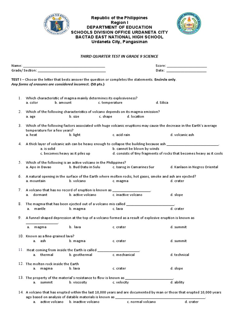 science-9-Q3-test 1 | PDF | Volcano | Types Of Volcanic Eruptions