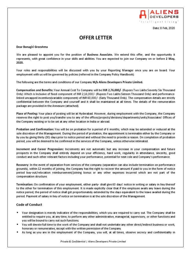 Offer Letter: Code of Conduct | Download Free PDF | Employment | Salary
