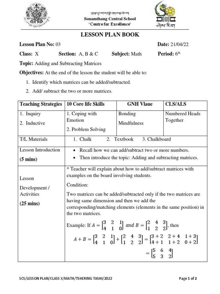 Cl-X LP03 Adding and Subtracting Matrices | PDF | Lesson Plan | Matrix ...