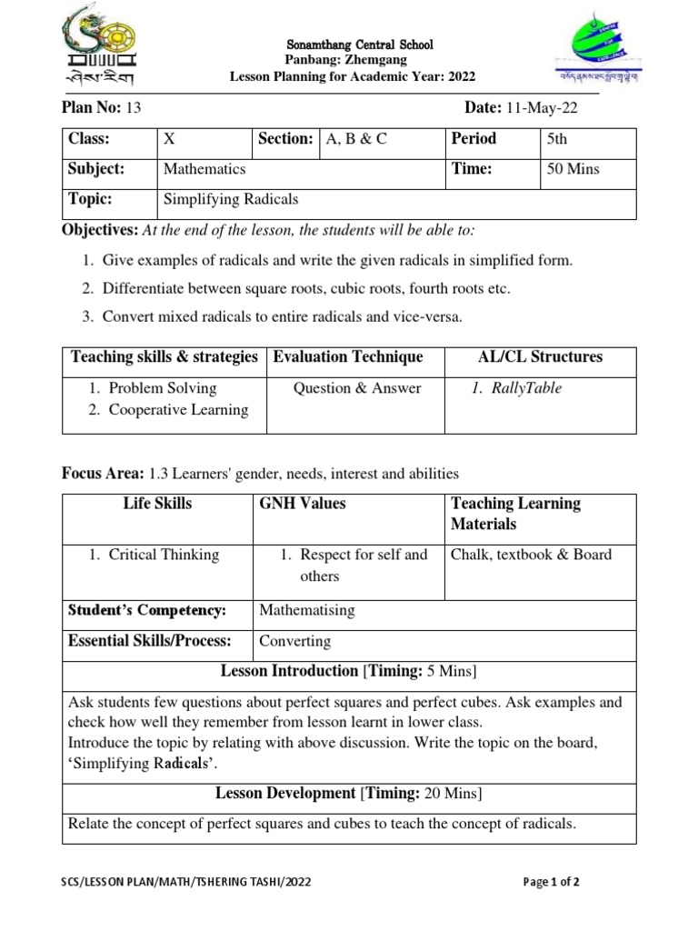 CL-X LP13 Simplifying Radicals | PDF | Lesson Plan | Teaching Method