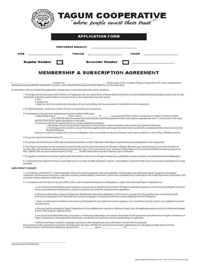 Tagum Cooperative New Membership Form | PDF | Personal Identification ...