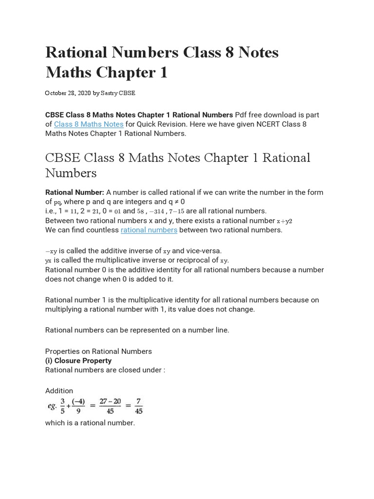 Rational Numbers Class 8 Notes Maths Chapter 1 | PDF | Numbers ...