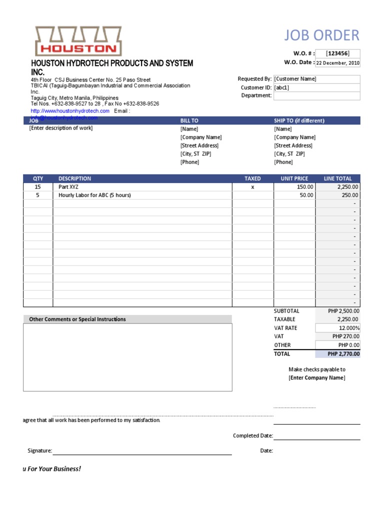 Job Order: Houston Hydrotech Products and System Inc | PDF | Government ...