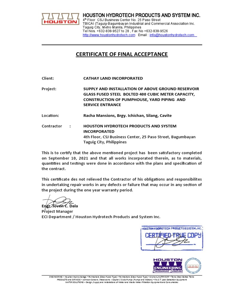 Certificate of Final Acceptance | PDF | Civil Engineering