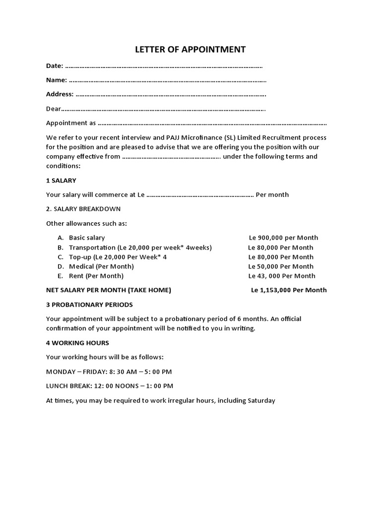 Letter of Appointment | PDF | Employment | Working Time