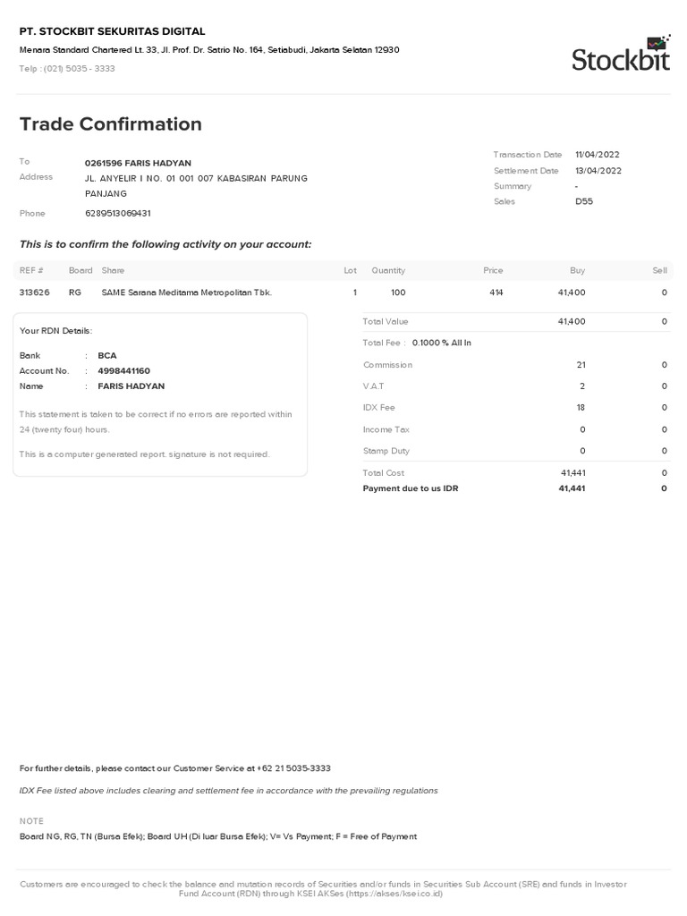 Trade Confirmation: This Is To Confirm The Following Activity On Your ...