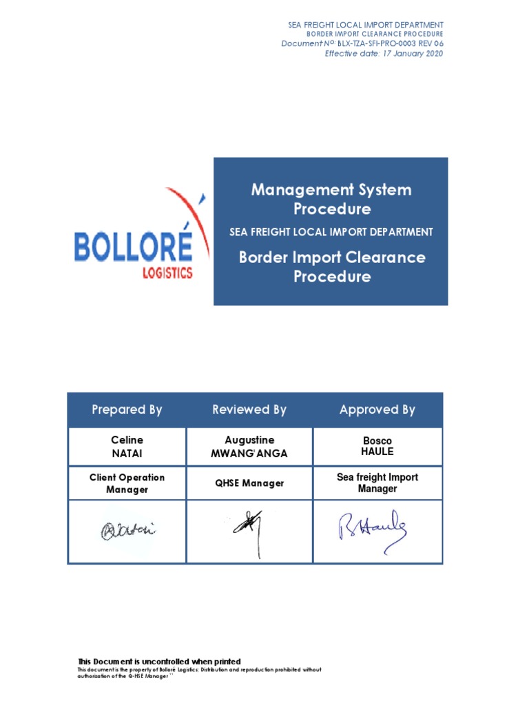 BLX Tza Sfi Pro 0003 Border Import Clearance Procedure Rev 06 | PDF ...