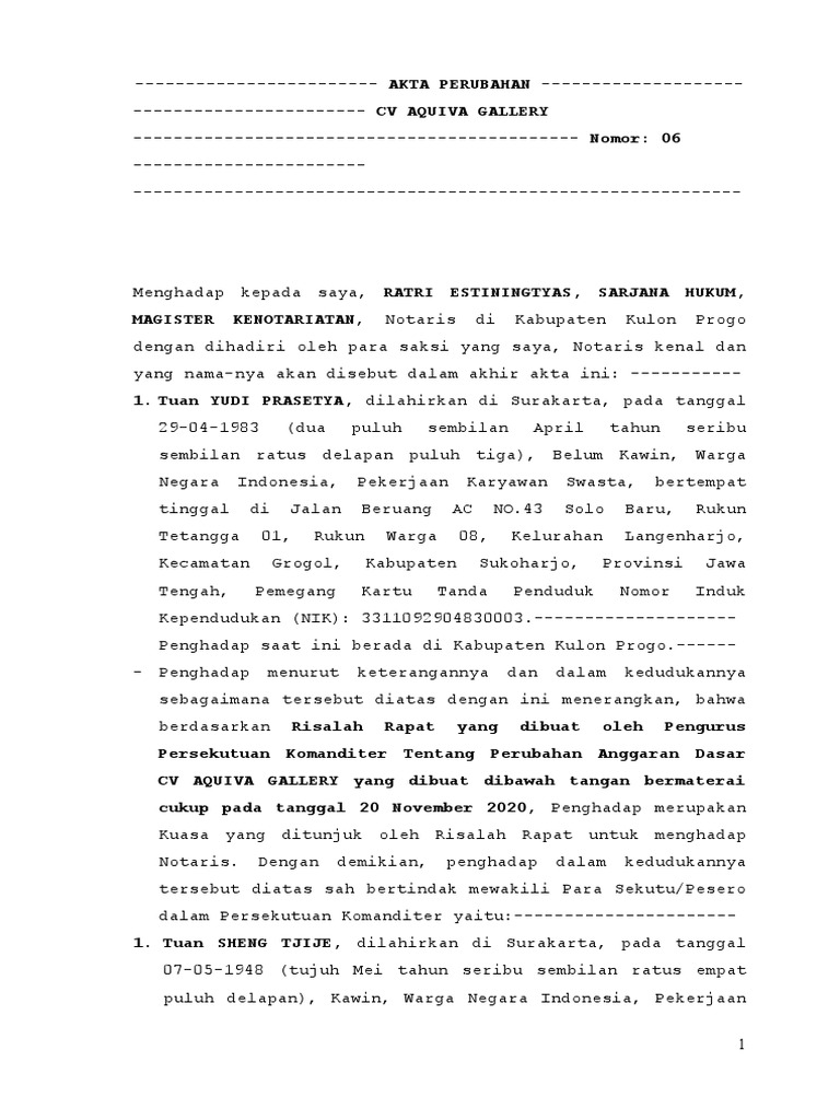 Akta Perubahan CV Aquiva Gallery Akta No 06 | PDF