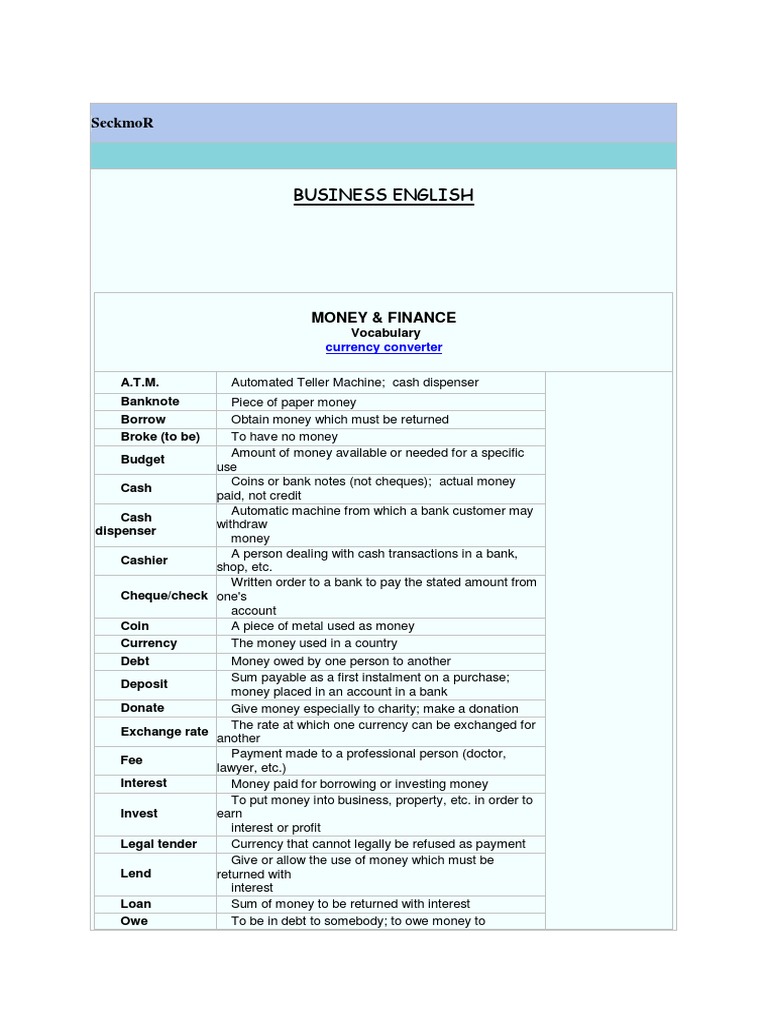Money & Finance Vocabulary Guide | PDF | Business | Finance & Money ...