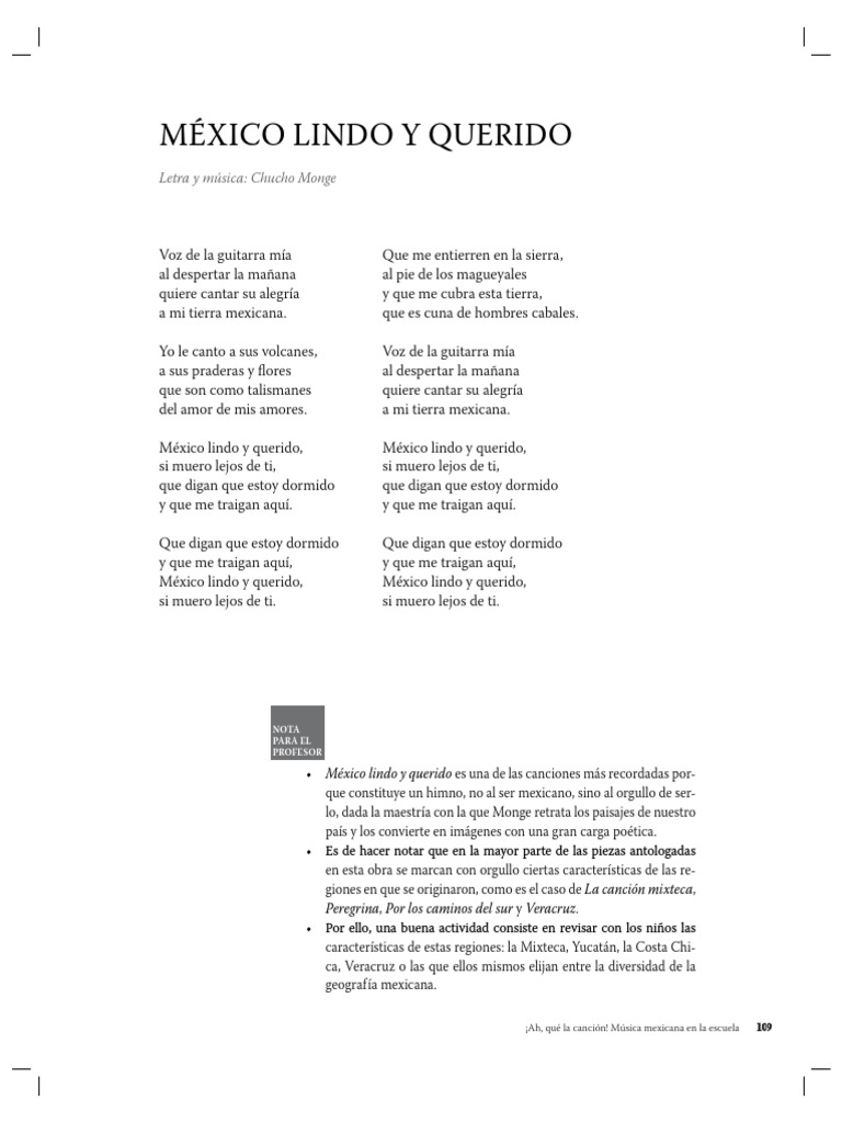 Letra de La Canción Mexicana "México, Lindo y Querido". | PDF