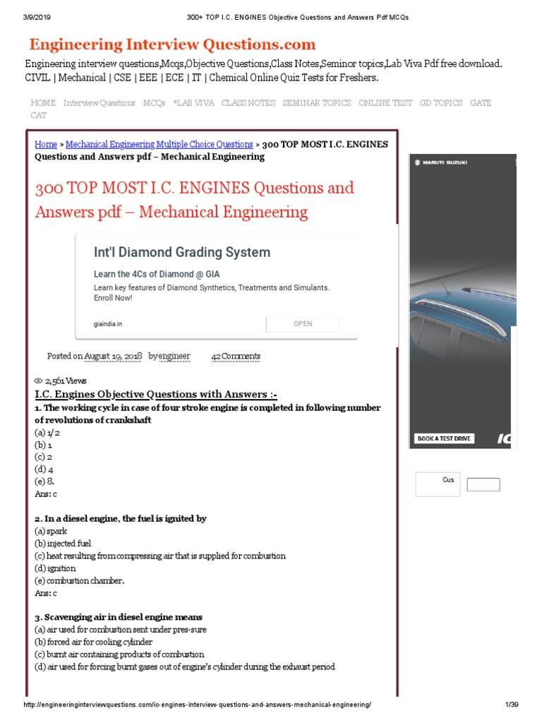 300+ TOP I.C. ENGINES Objective Questions and Answers PDF MCQs | PDF ...