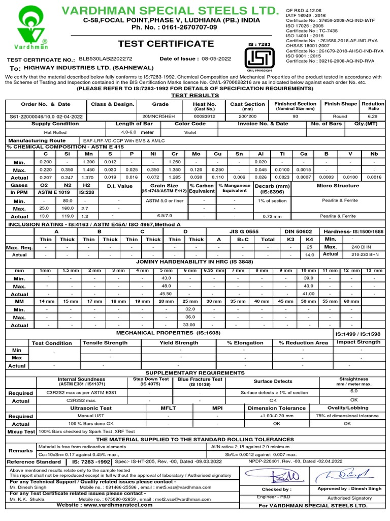 Test Certificate: Highway Industries Ltd. (Sahnewal) | PDF | Strength ...