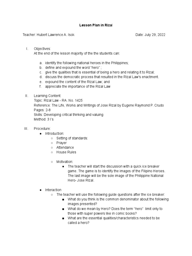 Lesson Plan in Rizal | PDF | Teachers | Lesson Plan