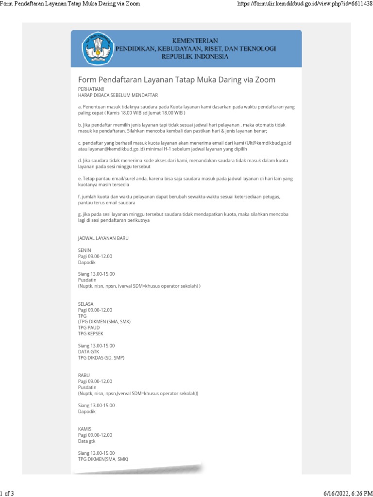 Form Pendaftaran Layanan Tatap Muka Daring Via Zoom | PDF