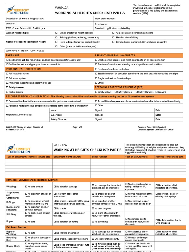 Working at Heights Checklist: Part A | PDF | Personal Protective ...