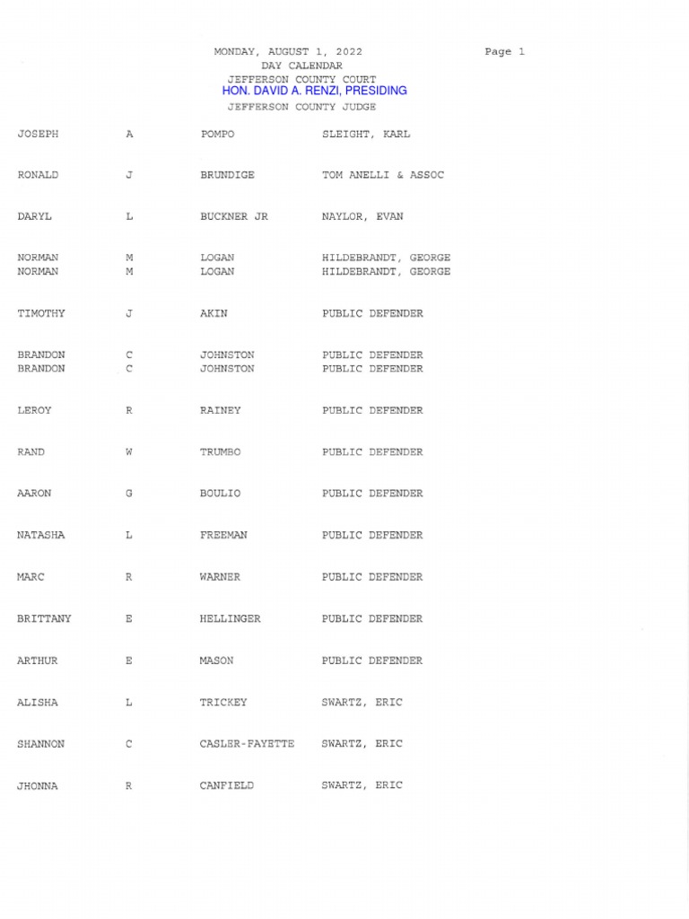 Jefferson County Court Calendar August 2022 | PDF