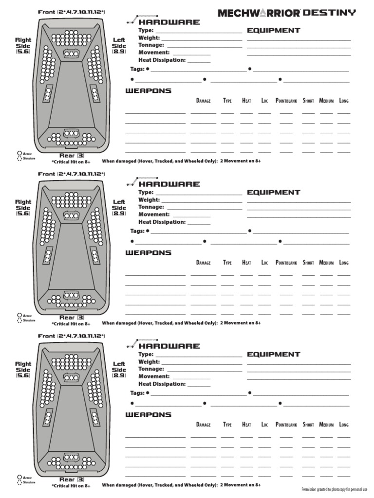 BattleTech - Destiny Record Sheets - Vehicle Hovers | PDF | Military ...