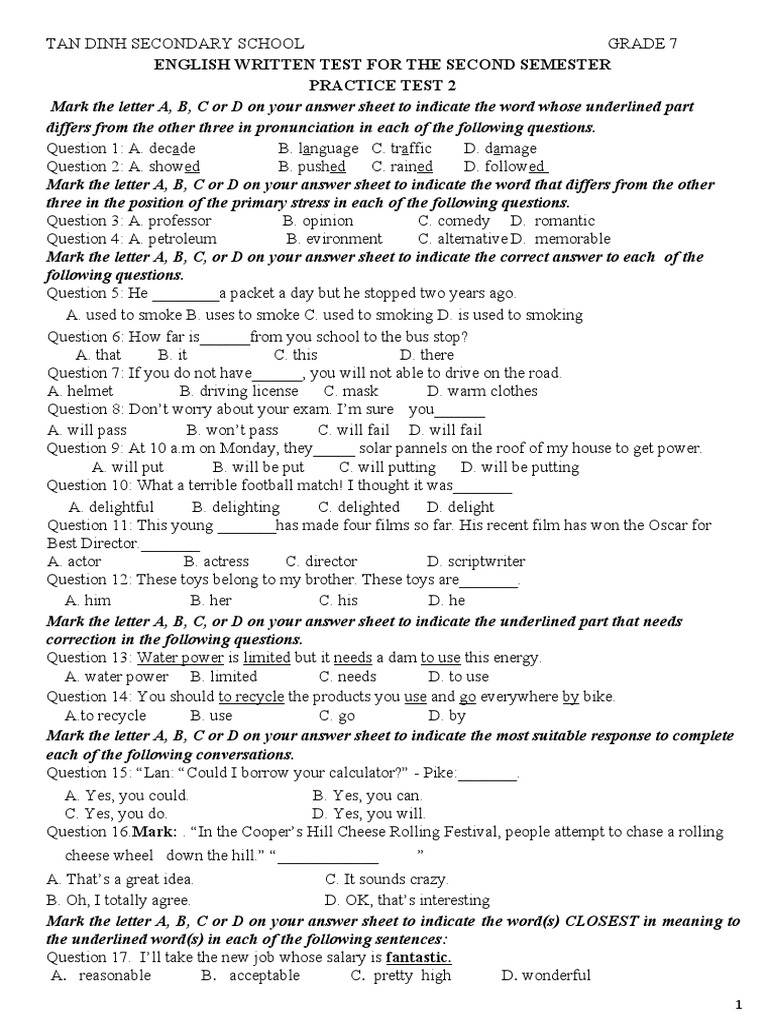 Grade 7 English Practice Test 2 | PDF | Carnival | Nature