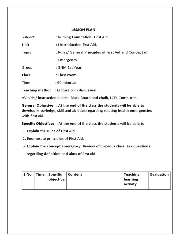 First Aid Lesson Plan for GNM 1st Year | PDF | First Aid | Teaching Method
