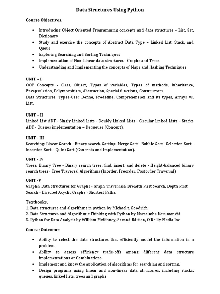 Data Structures Using Python: Course Objectives | PDF | Computer ...