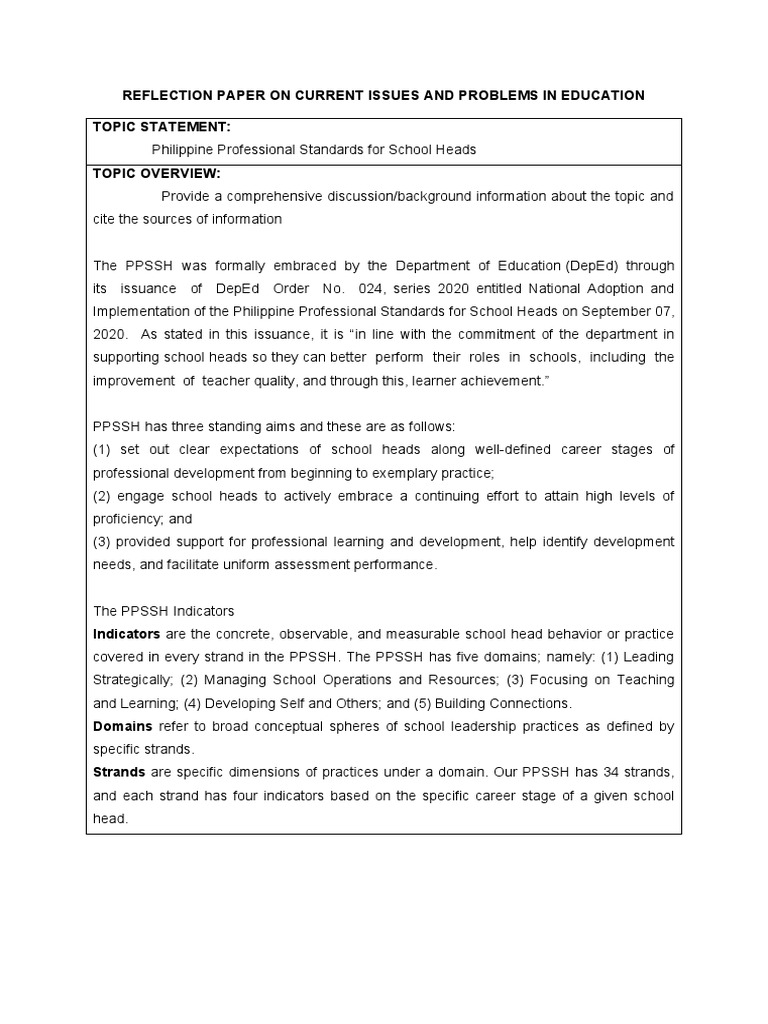 Reflection Paper On Philippine Professional Standard For School Heads ...