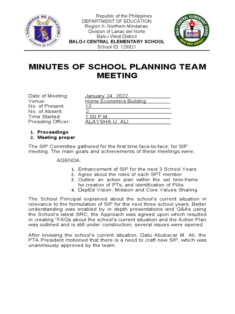 Minutes of School Planning Team Meeting: Balo-I Central Elementary ...
