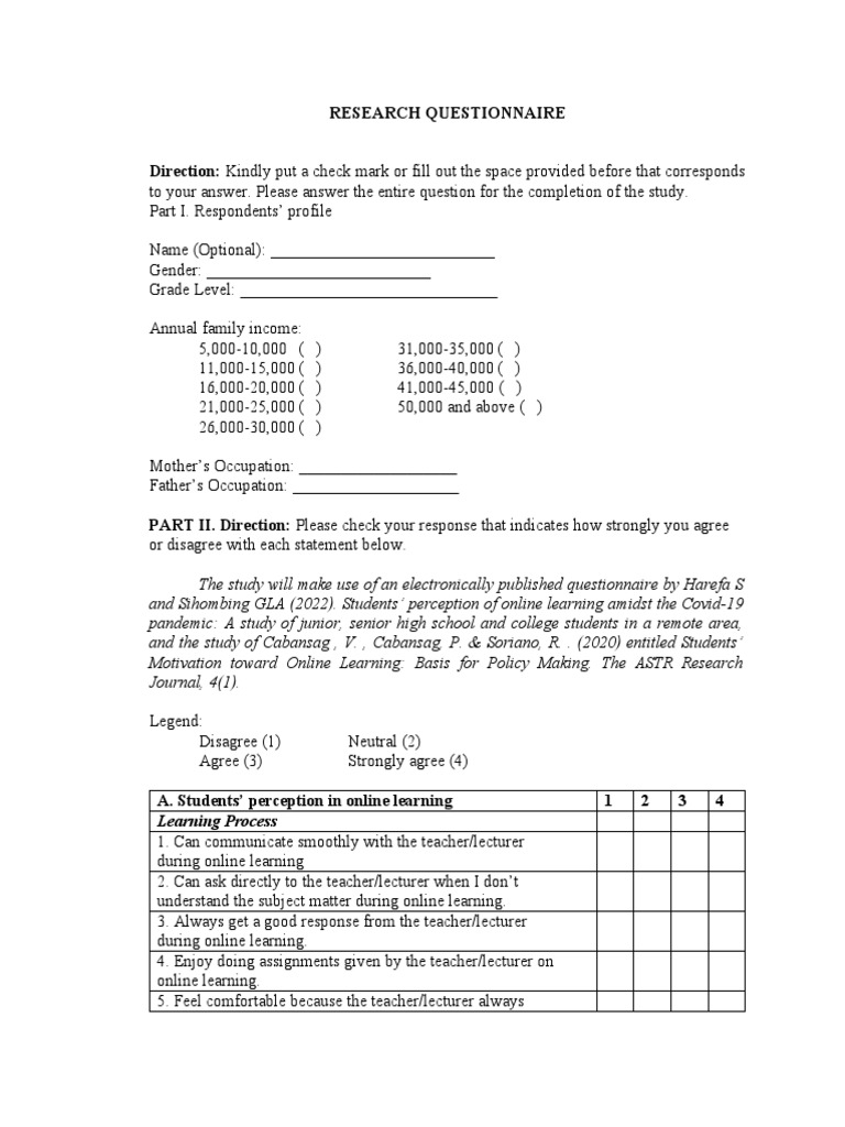 Research Questionnaire Direction: Kindly Put A Check Mark or Fill Out ...