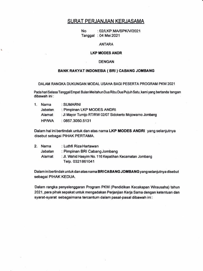 Contoh MOU BRI Kerjasama Permodalan | PDF