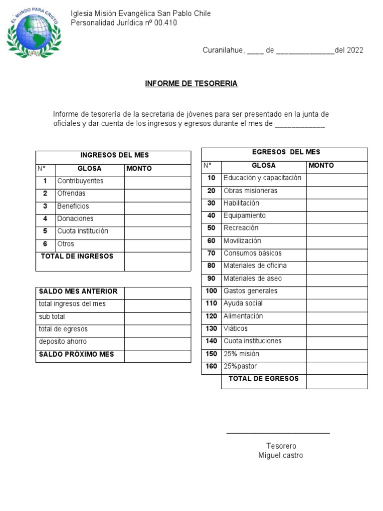 Informe de Tesorería Iglesia San Pablo | PDF