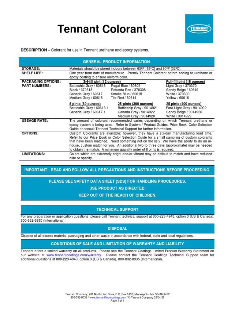 Tennant Colorant: Description - Colorant For Use in Tennant Urethane ...