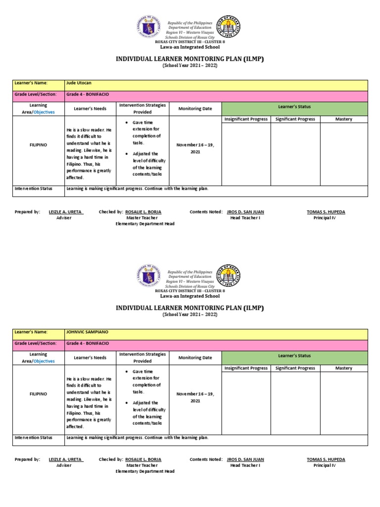 Grade 4 Ilmp Individual Learner Monitoring Plan | PDF | Learning ...