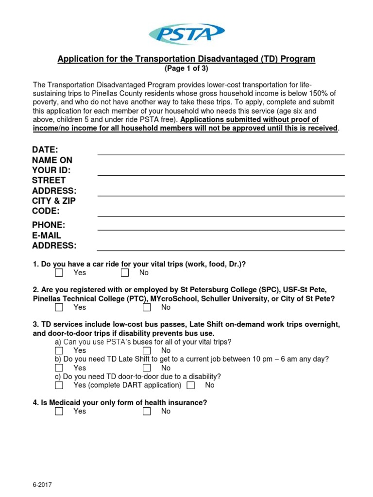 Application For The Transportation Disadvantaged (TD) Program ...