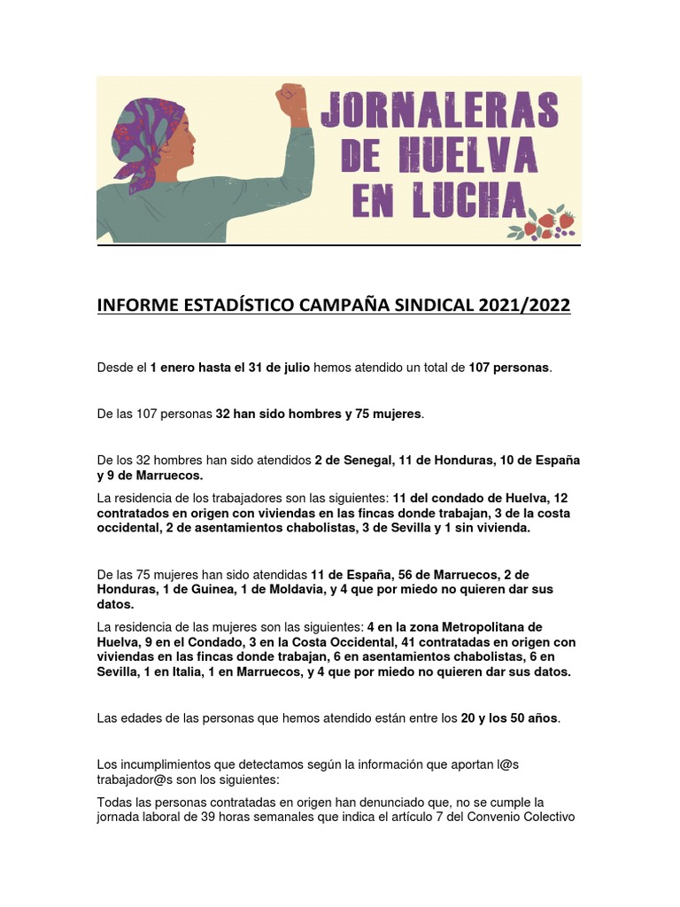 Jornaleras de Huelva en Lucha. Informe Estadístico Campaña 2022 ... Jornaleras de Huelva en Lucha. Informe Estadístico Campaña 2022 ...