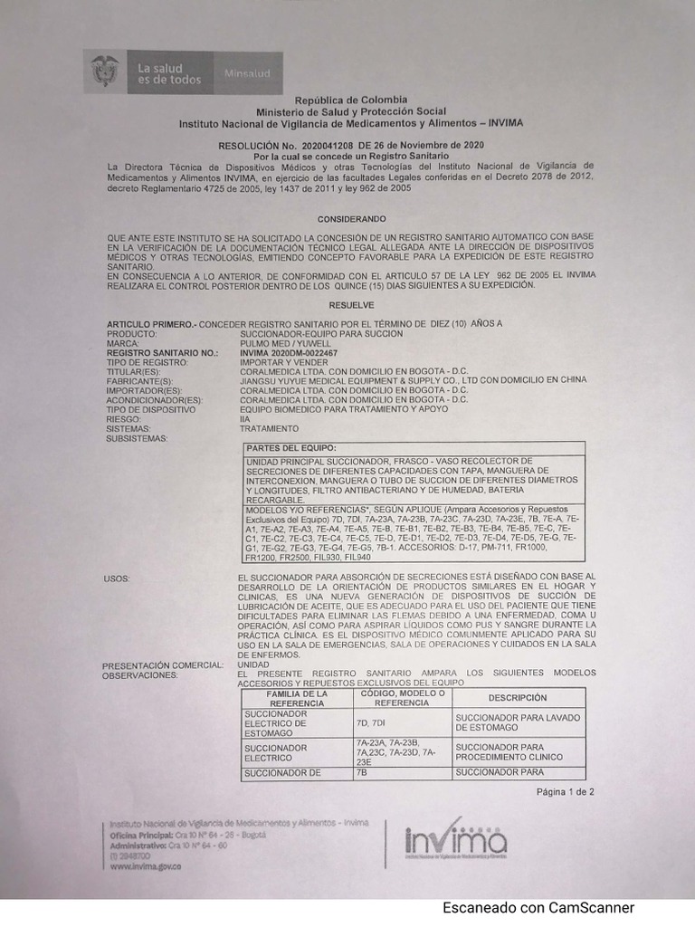 Registro Sanitario Succionador Pulmo-Med | PDF