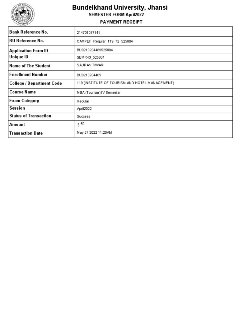 Payment Receipt: SEMESTER FORM April2022 | PDF
