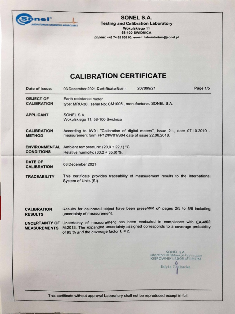 Certificadi Calibracion Sonel Mru-30 | PDF | Calibration | Measure Theory