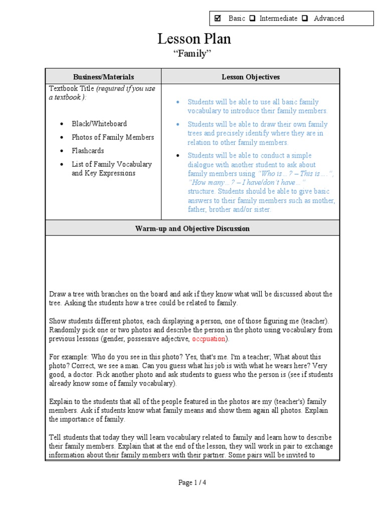 Lesson Plan: "Family" | PDF | Teachers | Vocabulary