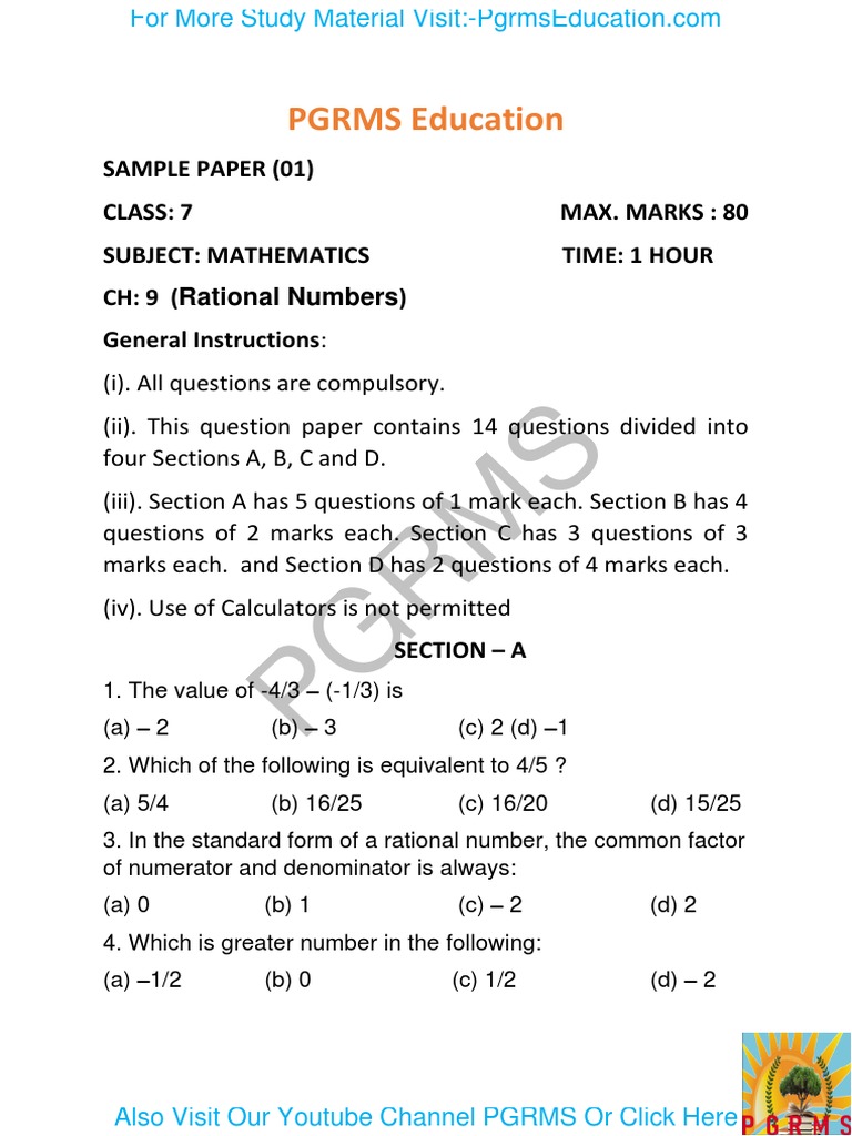 Class 7 Maths Chapter 9 Test Paper 01 | PDF | Numbers | Arithmetic