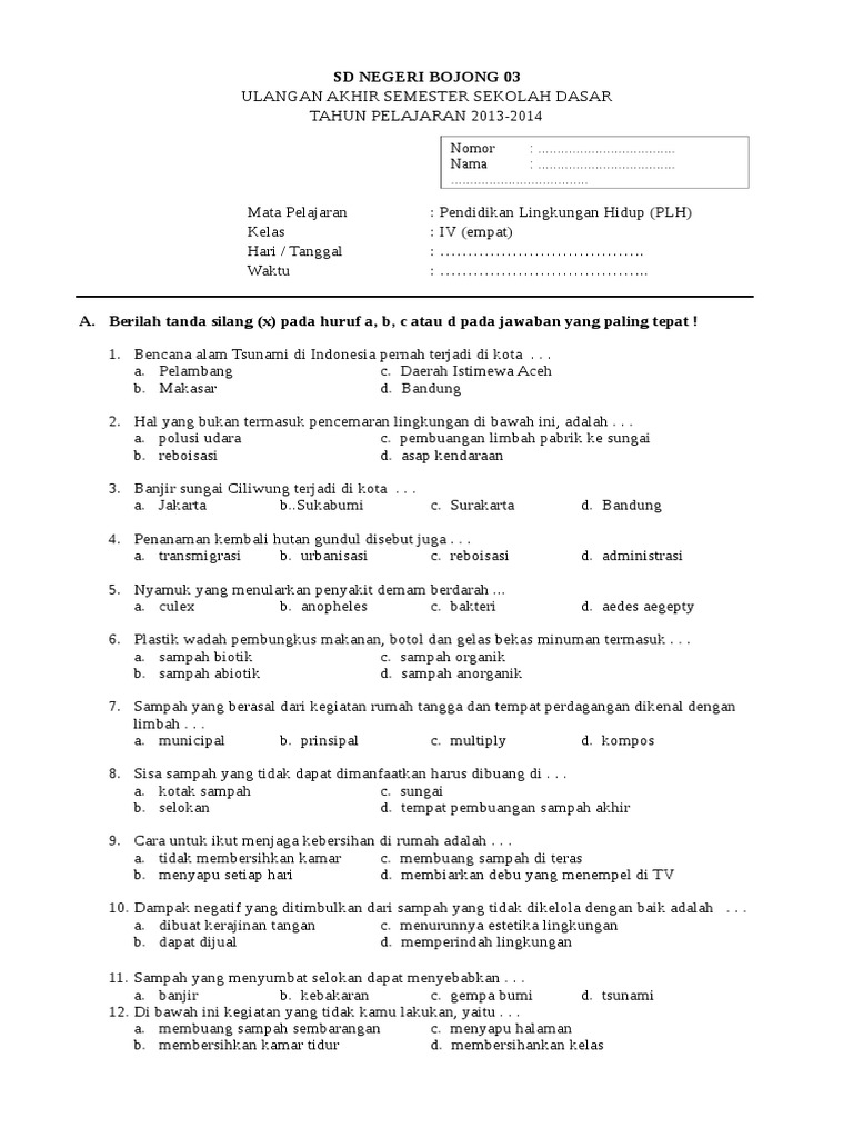 Soal PLH Kelas 4 Semester 2 | PDF